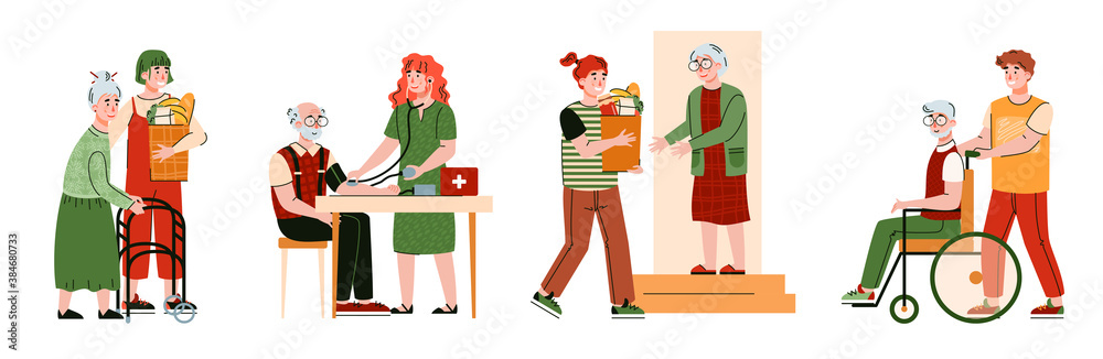 Volunteers or social workers helping elderly people with daily chores ...