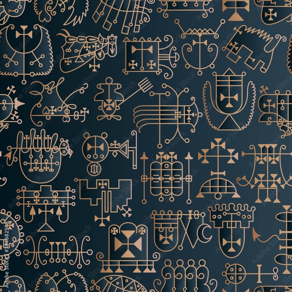 Seamless pattern with demon symbols and their sigils. Occult sings ...
