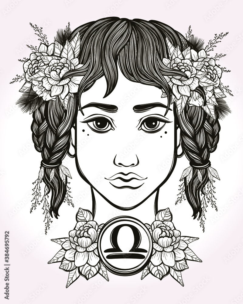 Libra astrological sign. Hand drawn art of a young pretty girl ...