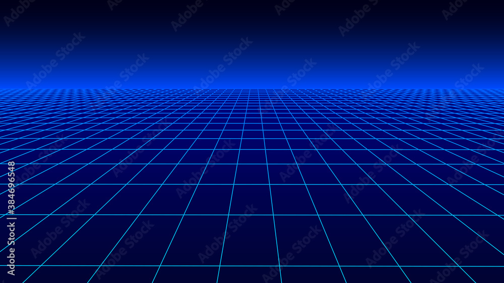 Vector perspective grid in blue retro style. Detailed lines on blue ...
