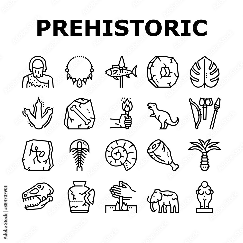 Prehistoric Period Collection Icons Set Vector. Prehistoric Plant And ...