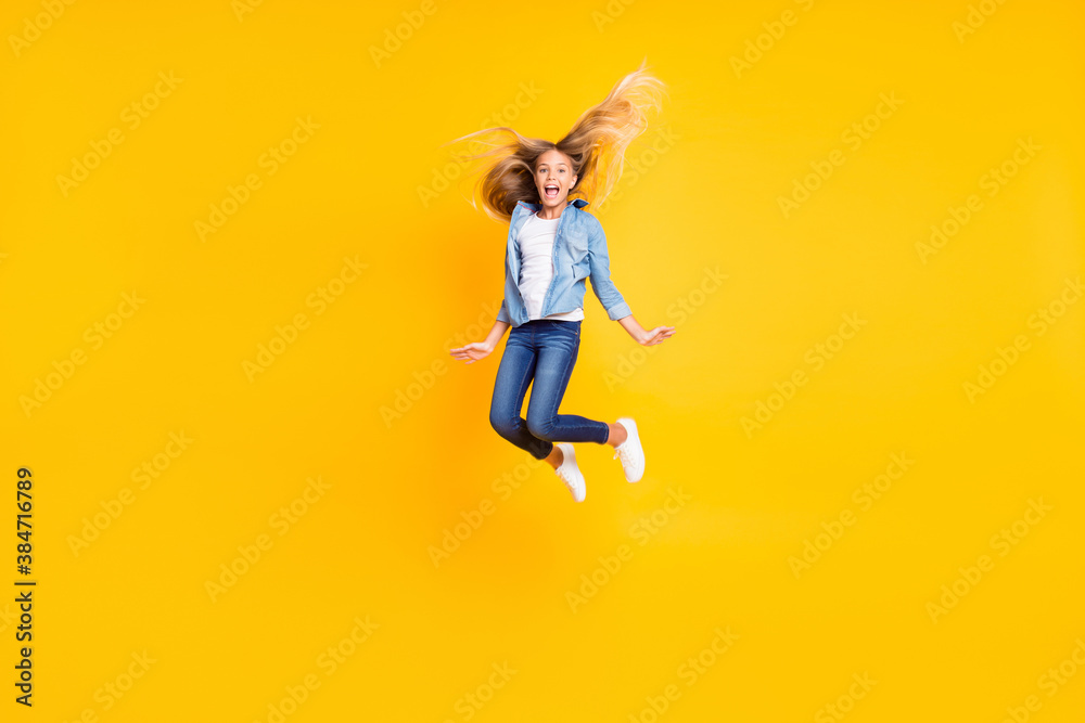 Full length body size photo of happy cheerful girl with long blonde ...