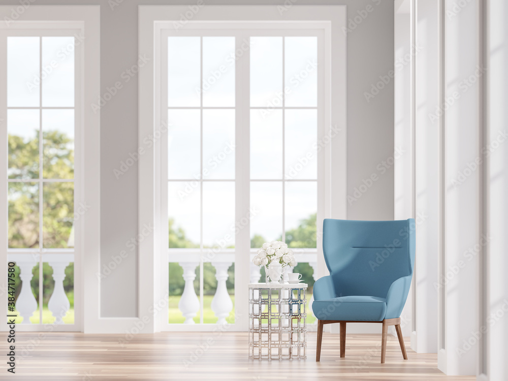 Modern classic living room with blue lounge chair 3d render.The Rooms ...