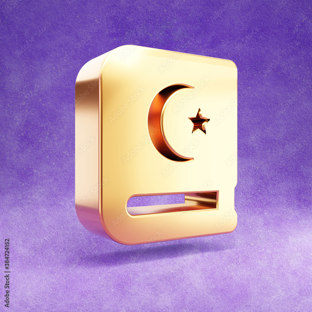 Quran icon. Gold glossy Quran symbol isolated on violet velvet ...