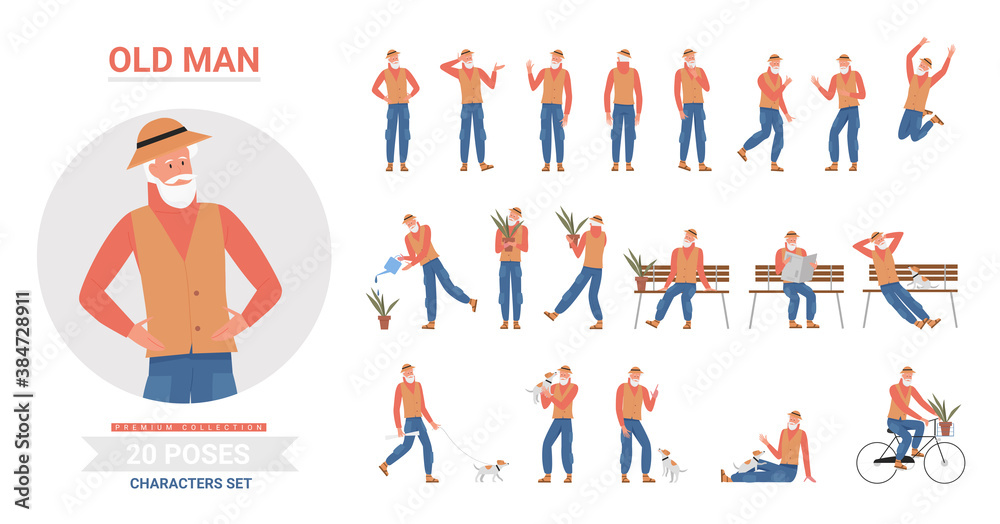 Old man poses infographic vector illustration set. Cartoon elderly ...