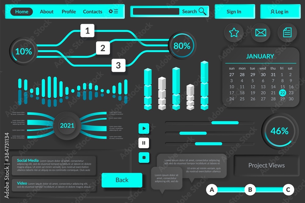 User interface elements. Futuristic virtual digital graphic user ...