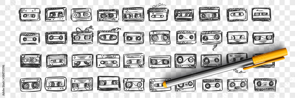 Hand drawn audio tapes doodle set. Collection of pen ink pencil drawing ...