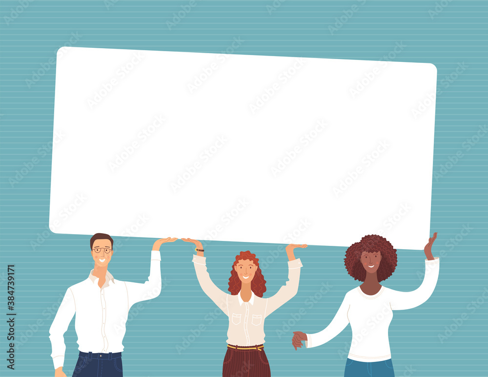 Businesspeople holding empty banner together vector illustration ...