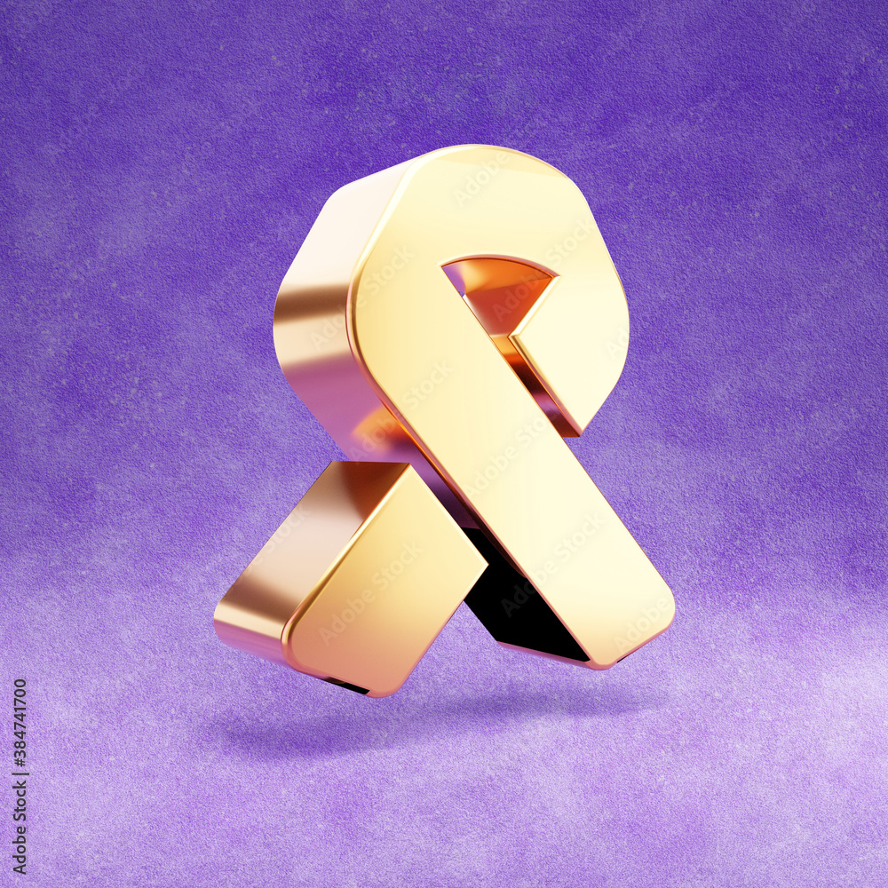 Ribbon icon. Gold glossy Ribbon symbol isolated on violet velvet ...