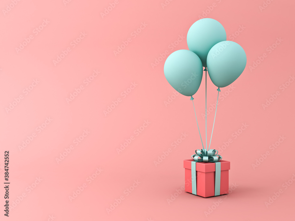 Red gift box or present box with light green blue pastel color ribbon ...