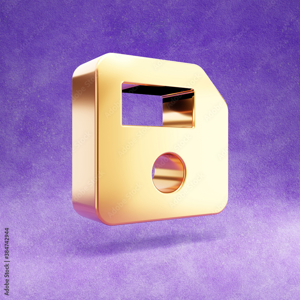 Save icon. Gold glossy Save symbol isolated on violet velvet background ...
