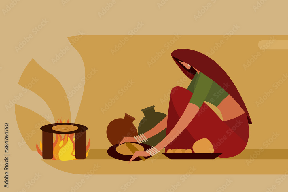 Indian woman making 'Roti' in traditional way on a fire stove Stock ...
