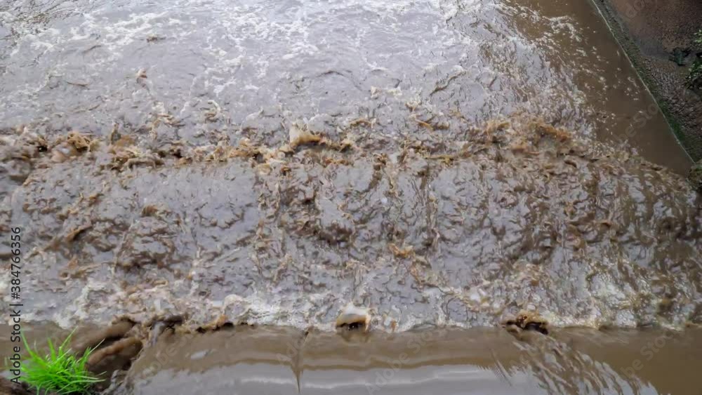 Thick sludge in channel of wastewater treatment plant. Biological ...