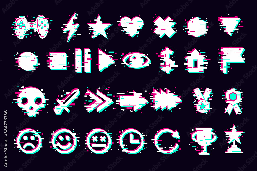 Glitch icons set. Interface navigation elements with glitchy effect ...