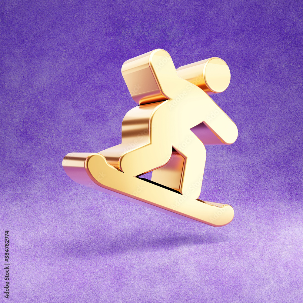 Snowboarding icon. Gold glossy Snowboarding symbol isolated on violet ...
