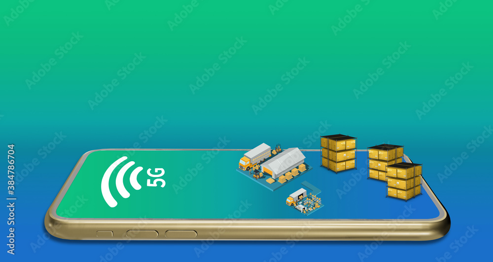 3D illustration Factory system structure connected to a smartphone on ...