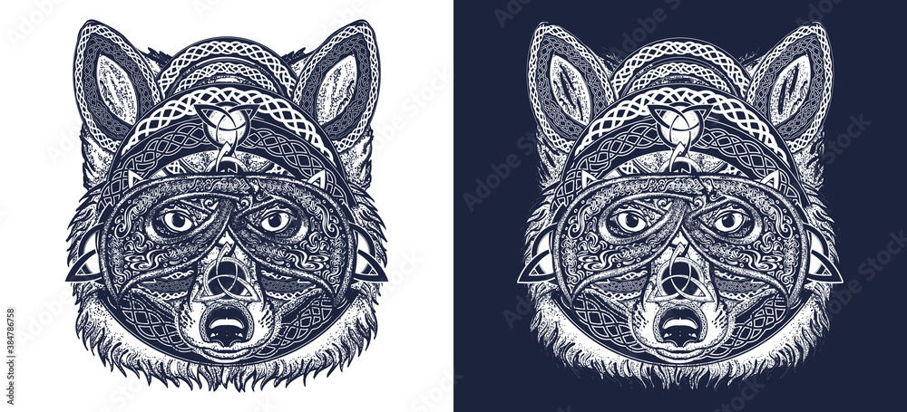 Fox viking in the celtic style, tattoo art. Wolf t-shirt design. Black ...
