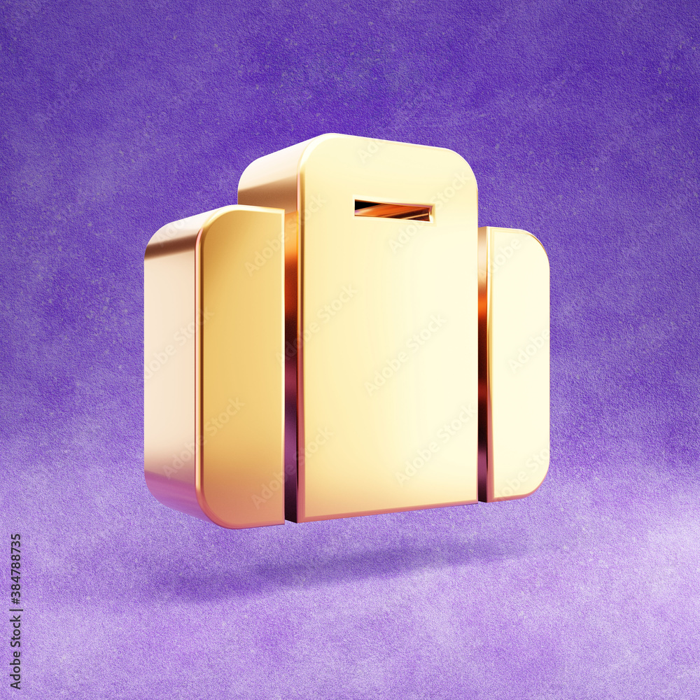 Suitcase icon. Gold glossy Suitcase symbol isolated on violet velvet ...