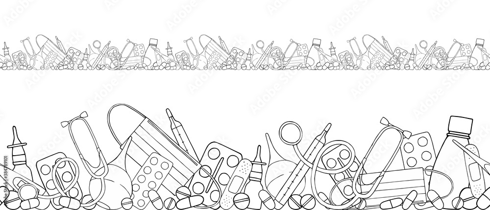 vector border with hand-drawn medicine doodles. seamless frame for ...