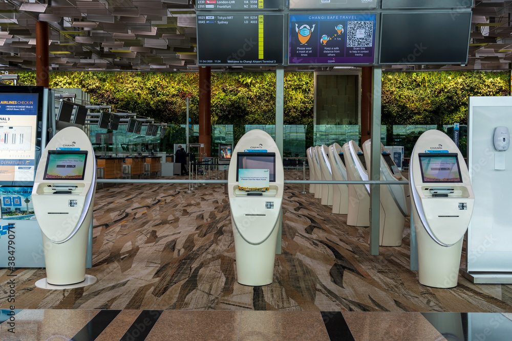 Singapore - October 2020: Self check in kiosk at Singapore Changi ...