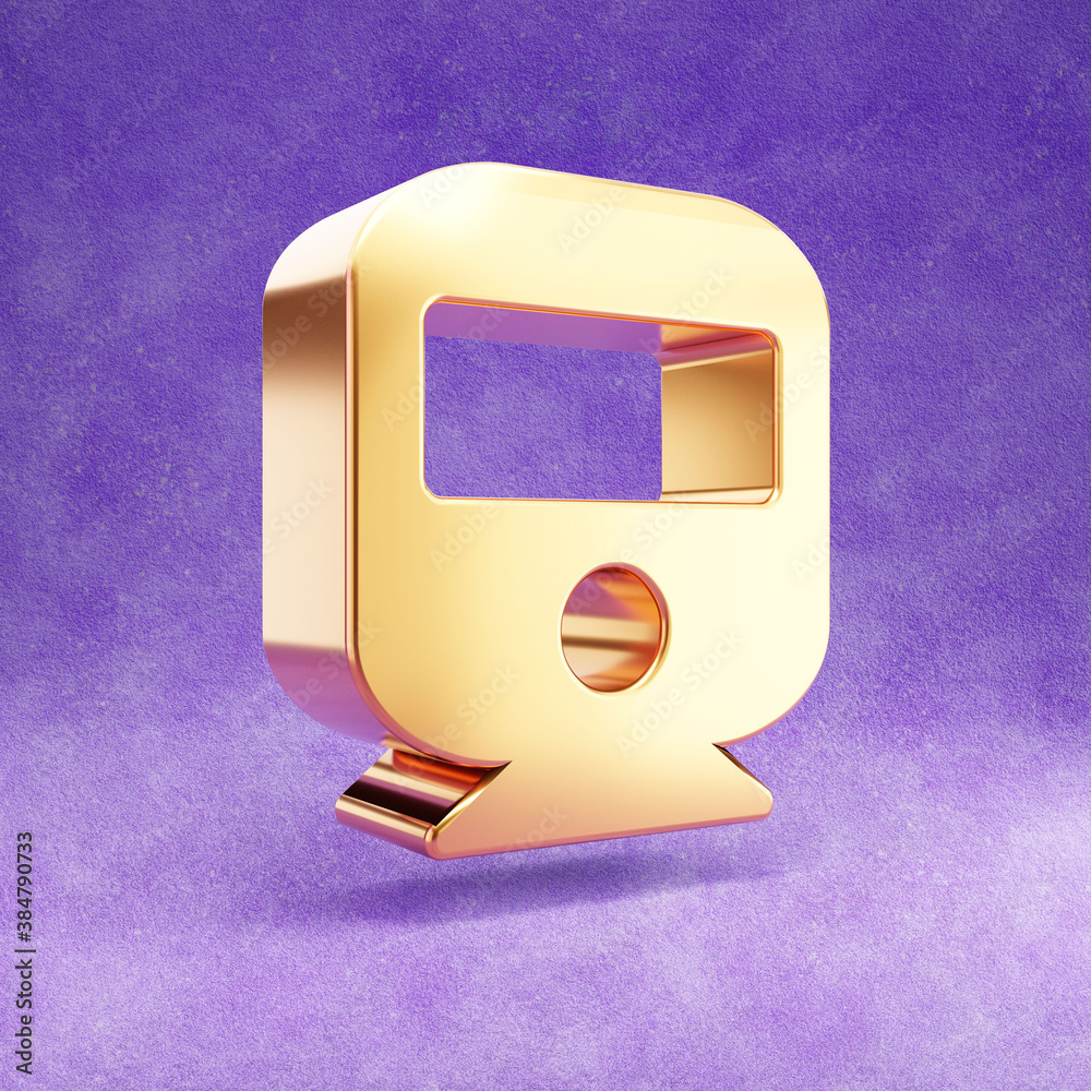 Train icon. Gold glossy Train symbol isolated on violet velvet ...