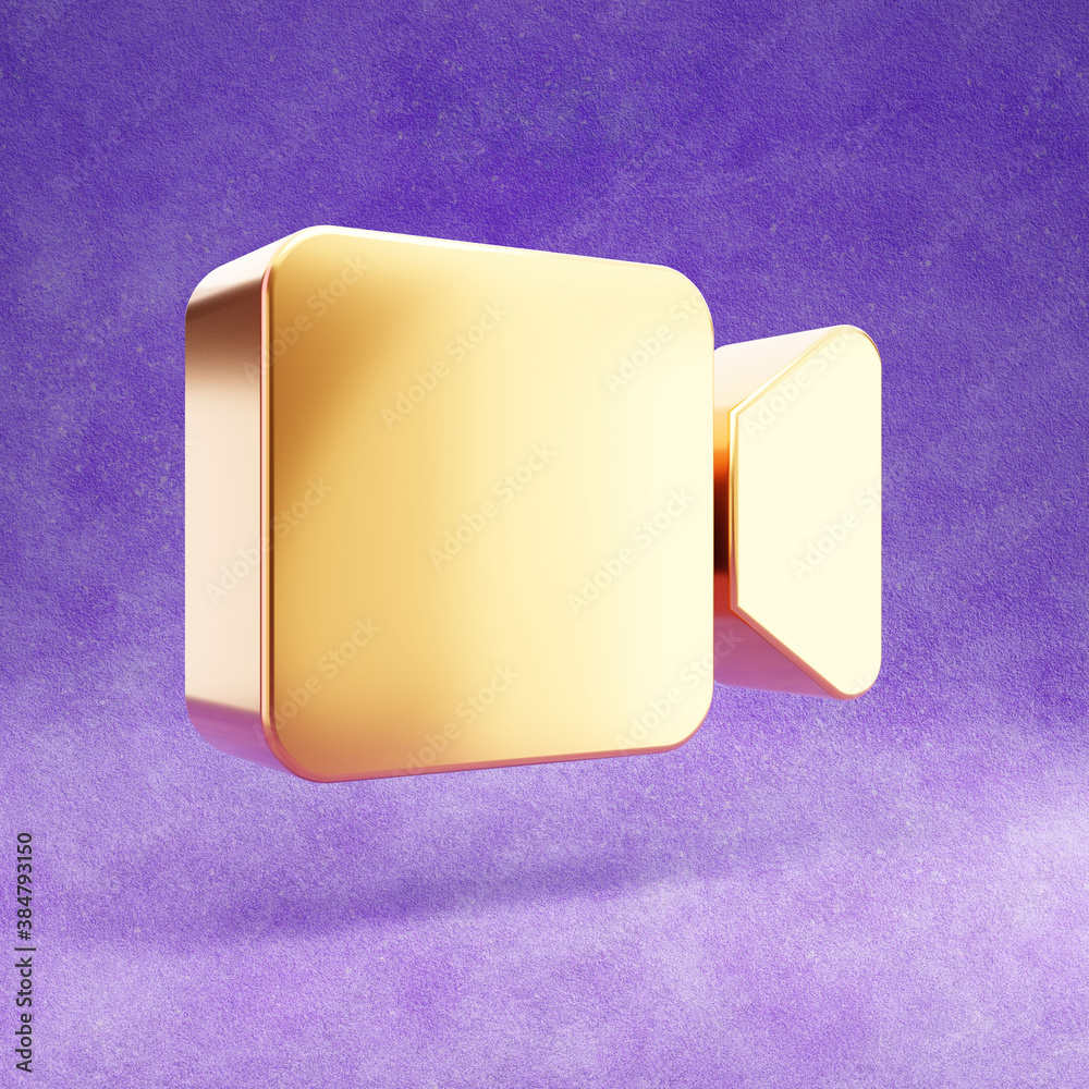 Video icon. Gold glossy Video symbol isolated on violet velvet ...