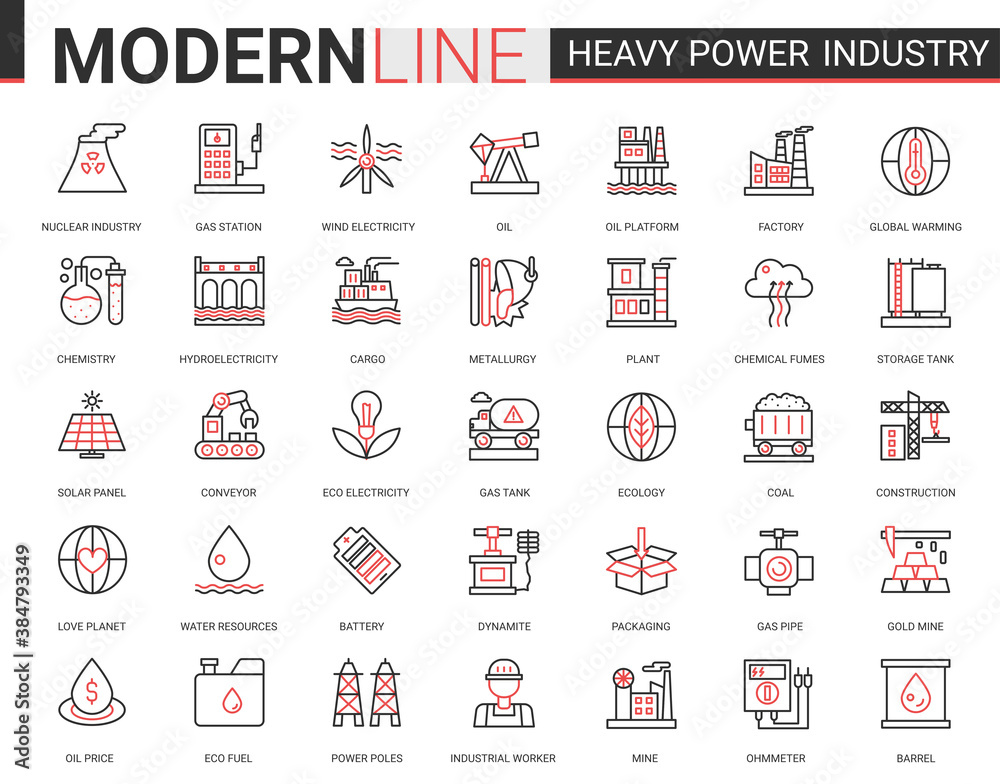 Heavy power industry flat thin red black line icon vector illustration ...