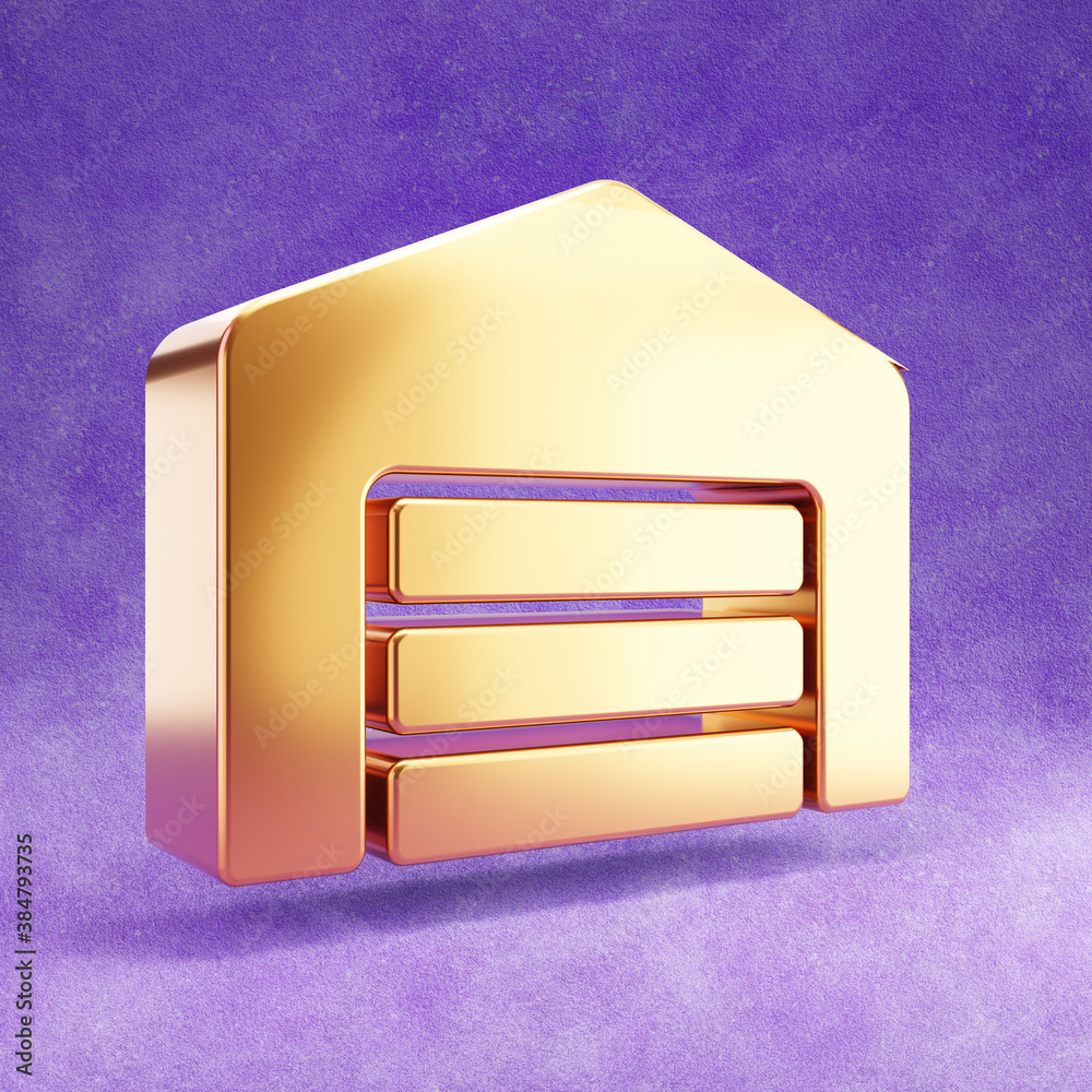 Warehouse icon. Gold glossy Warehouse symbol isolated on violet velvet ...