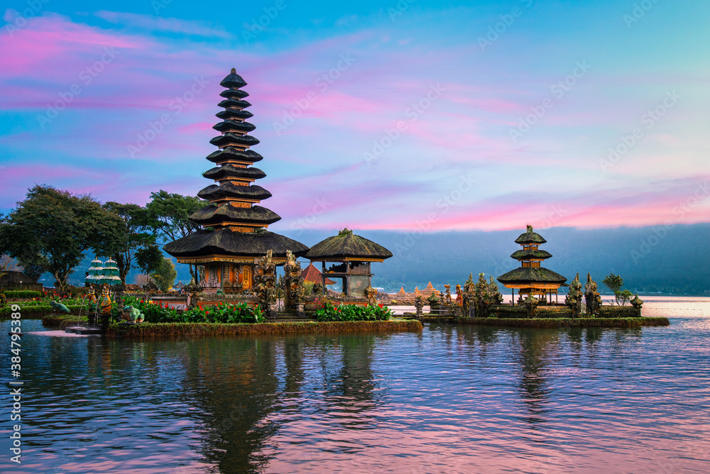 Pura Ulun Danu Bratan temple in sunrise sky at Bali island, The most famous tourist attraction ...