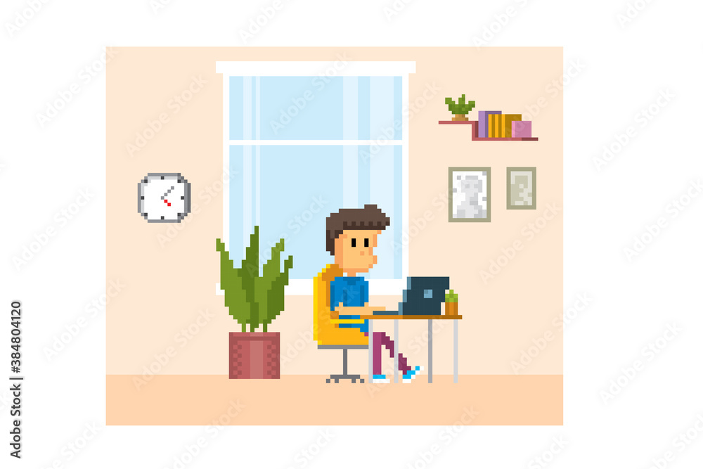 A young man sits at a table and works with a laptop. Pixel art. Old ...