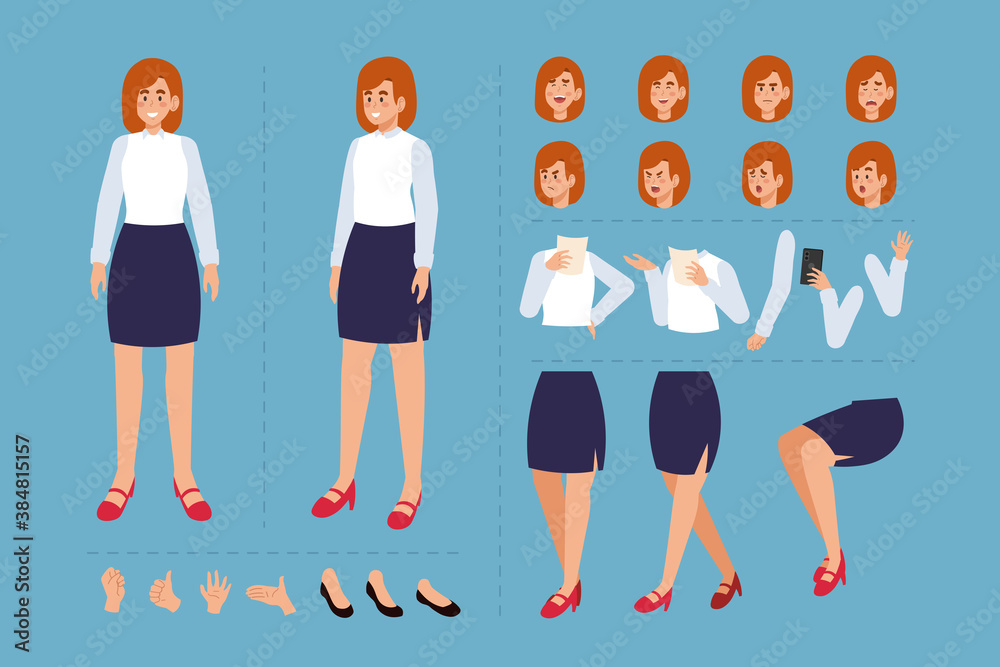 Woman cartoon character for motion design with facial expressions, hand ...