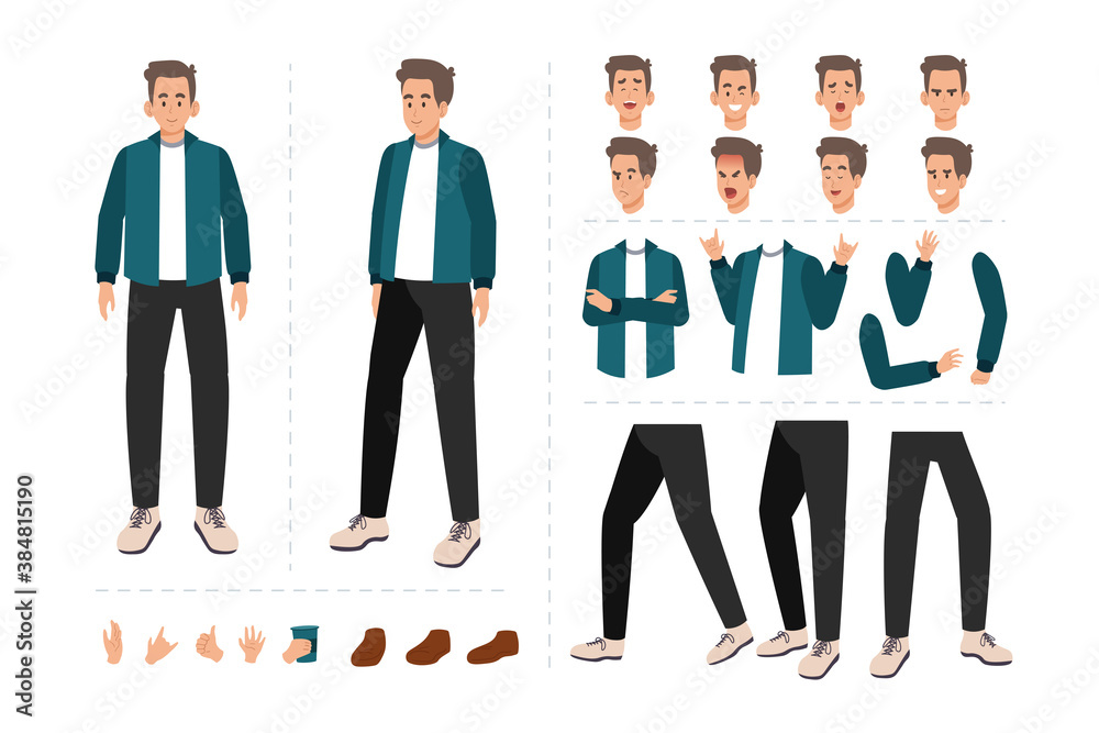 Man cartoon character for motion design with facial expressions, hand gestures, body and leg ...