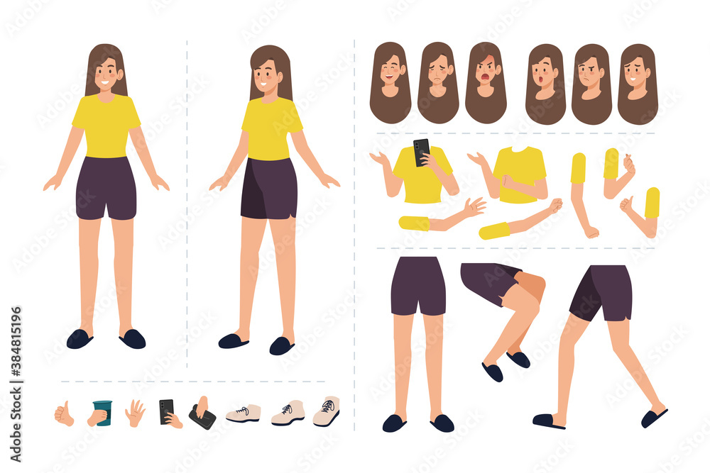 Girl character with various facial expressions, hand gestures, body and ...
