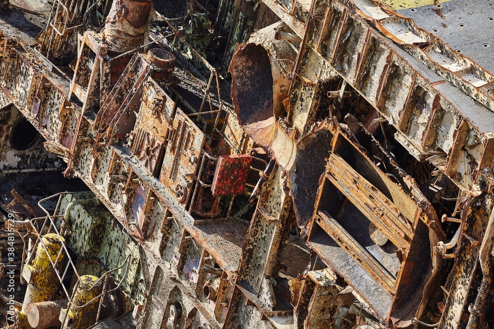 Details of a sunken shipwreck hull with rusty structure Stock Photo ...