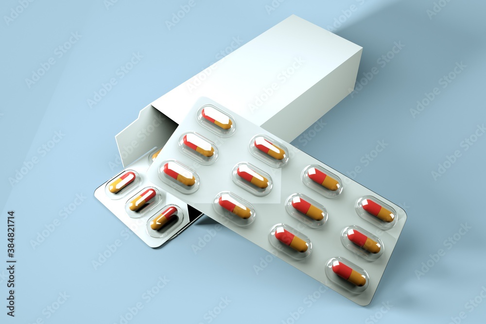 Small rounded colored capsules in transparent packaging lie on a white ...