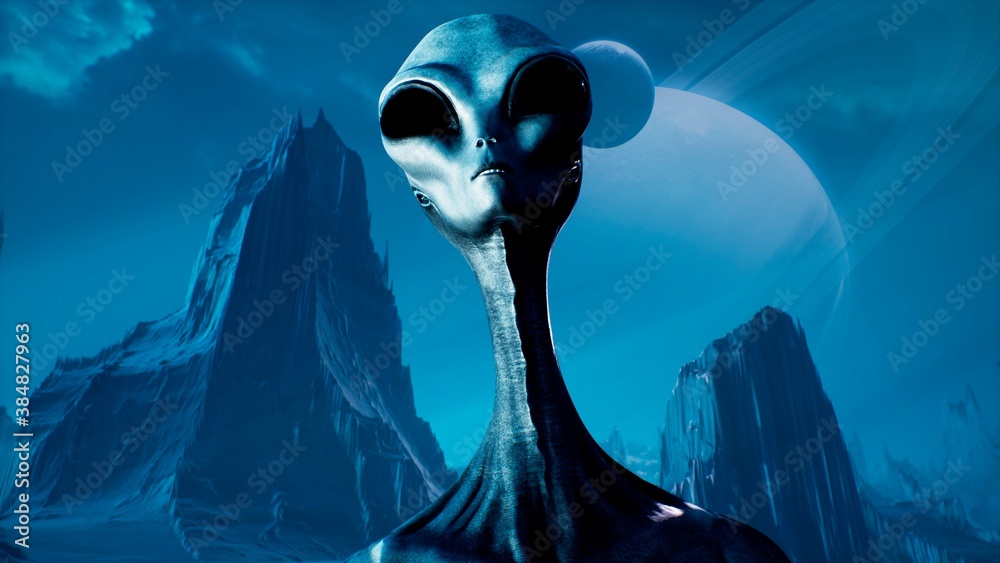 The alien makes an accusing and threatening gesture pointing his index ...