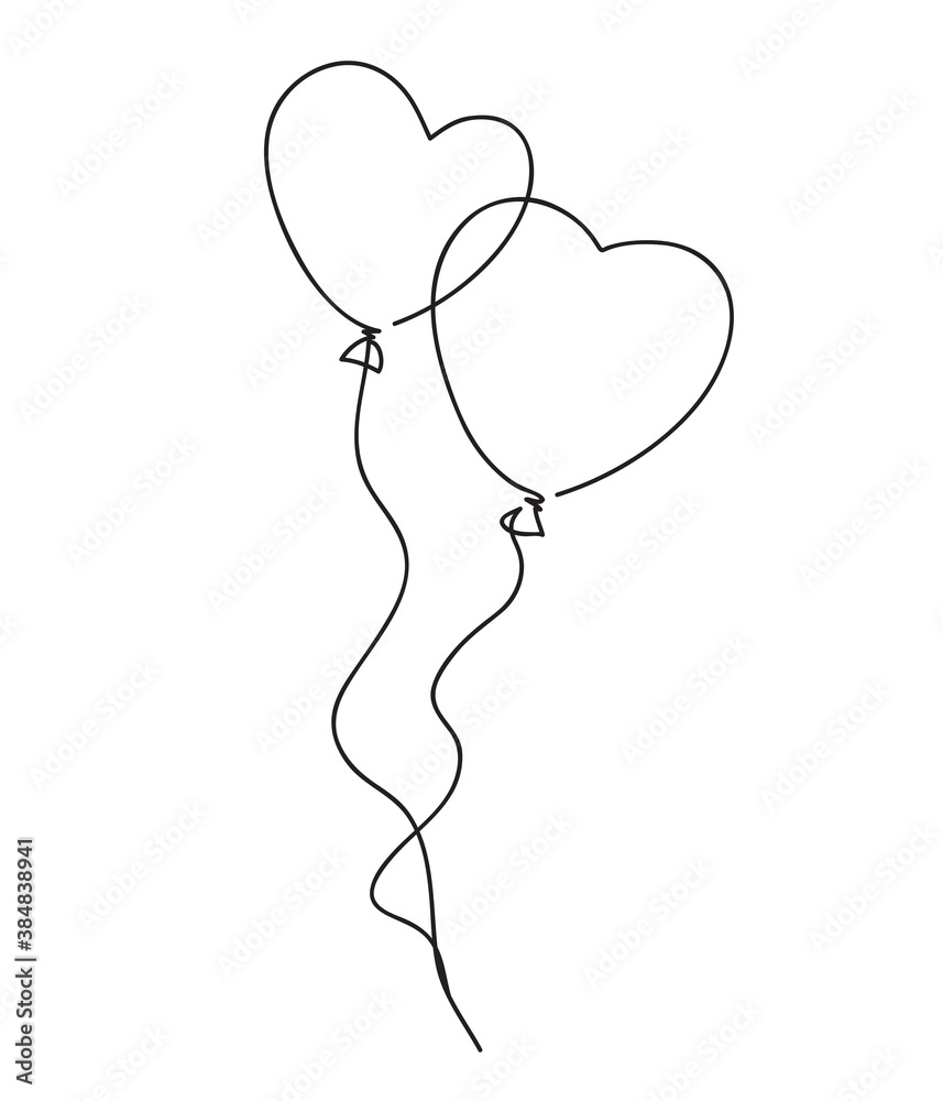 Couple of Hearts shaped balloon. Continuous drawing line art style ...