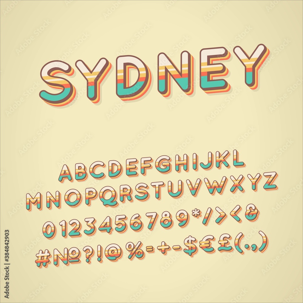 Sydney vintage 3d vector alphabet set. Retro bold font, typeface. Pop ...