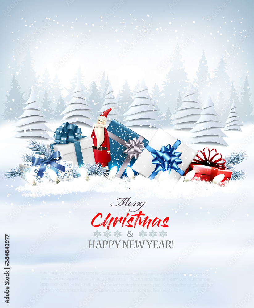 Christmas holiday background with colorful gift boxes and winter forest ...