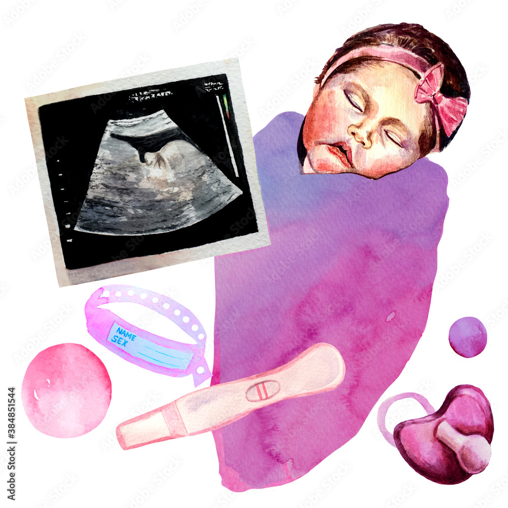 Hand drawn watercolour illustration of expecting baby girl symbols ...