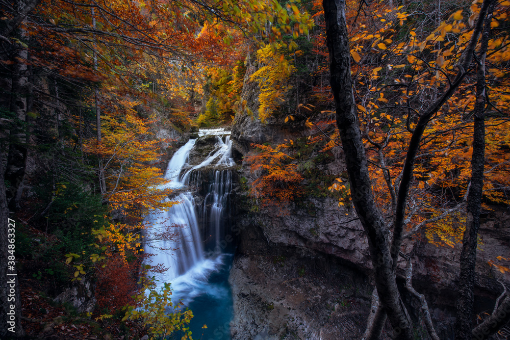 Waterfall in a forest at autumn Stock Photo | Adobe Stock