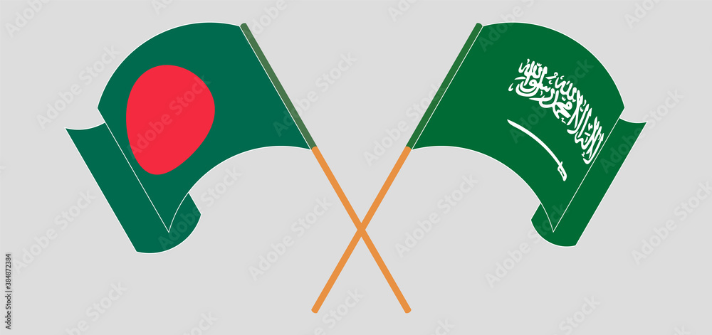 Crossed and waving flags of Bangladesh and the Kingdom of Saudi Arabia ...