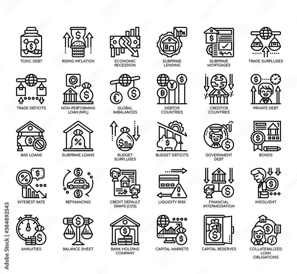 Set of Financial Crisis thin line and pixel perfect icons for any web ...