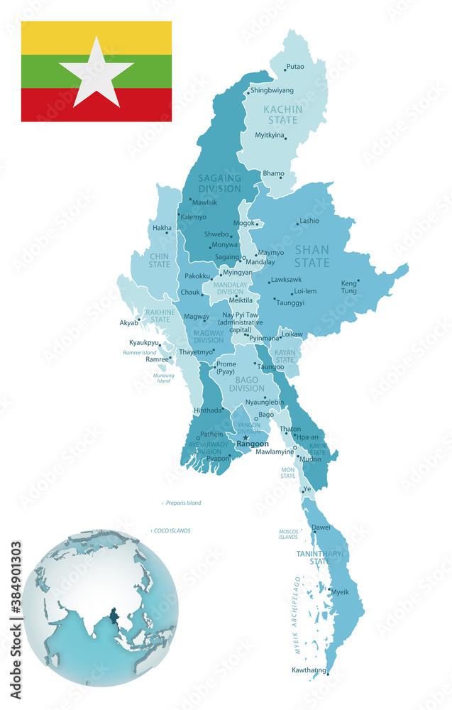 Myanmar administrative blue-green map with country flag and location on ...