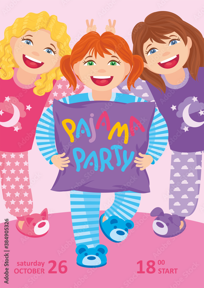 Pajama Party Poster Design With 3 Girls Characters Vector Illistration