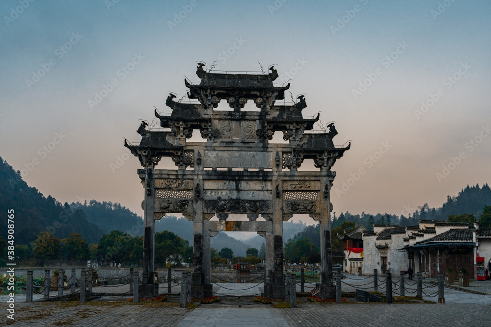 Pailou, an ancient memorial archway in Xidi village, an ancient Chinese ...