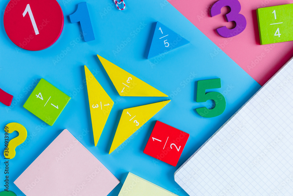 Colorful math fractions, numbers on blue pink white background ...