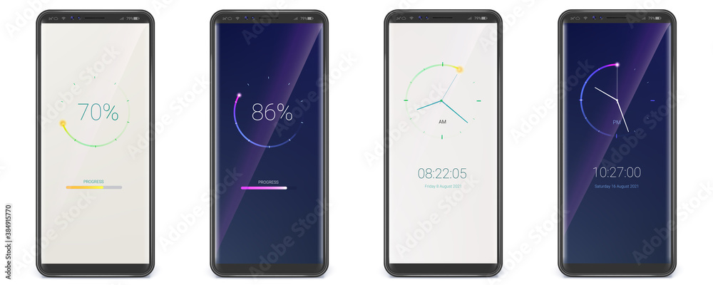 Set of smartphones with clock and progress bar. UI screen of load ...