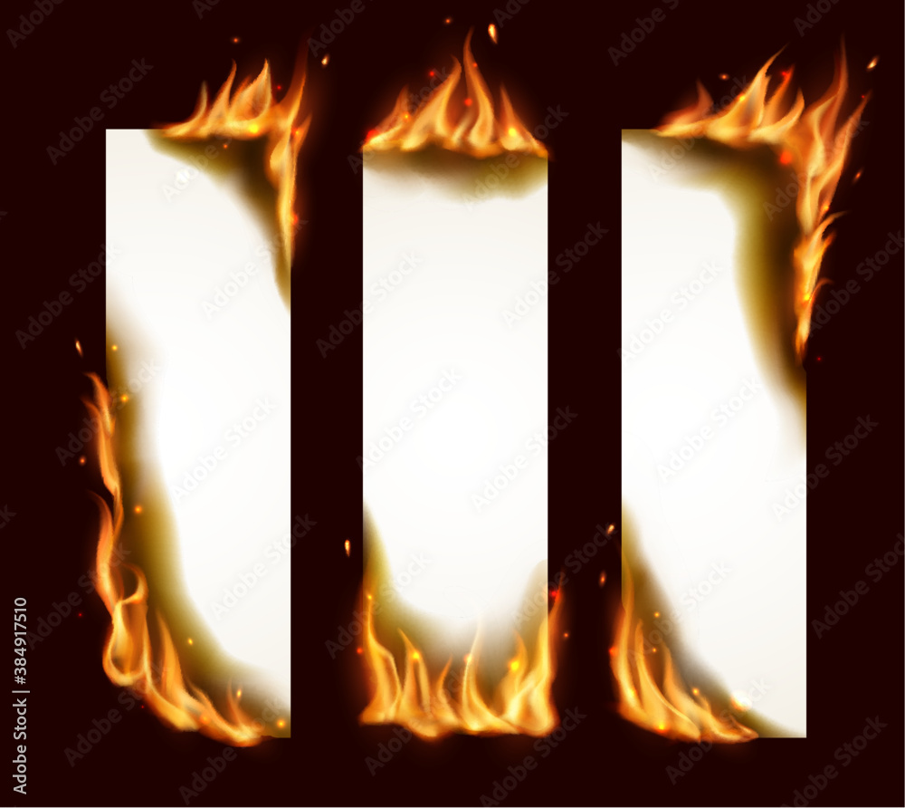 Burning paper vertical banners, vector pages with realistic fire ...