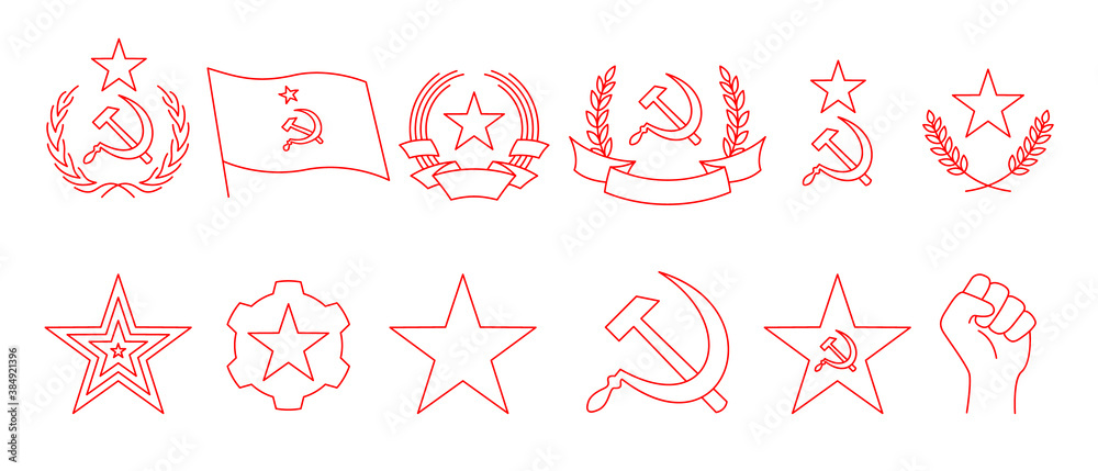 Set of linear icon of communism. Hammer, sickle, wreath, star, flag ...